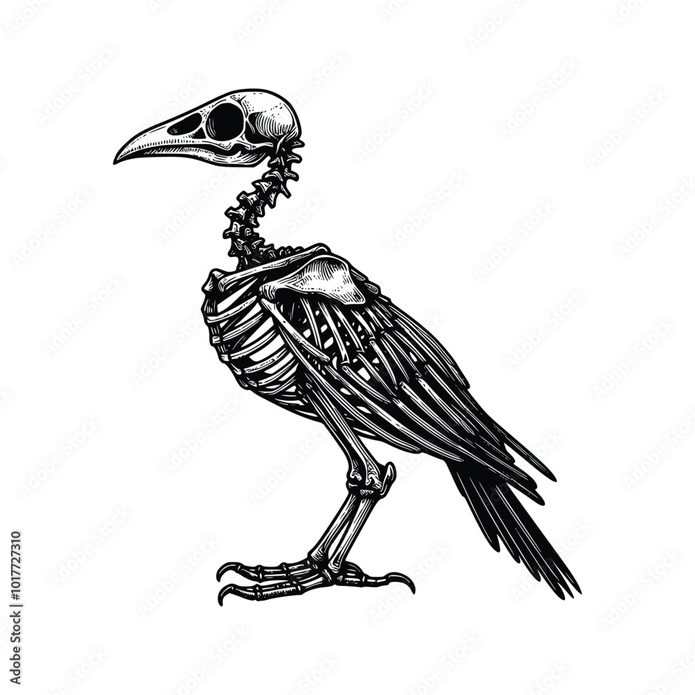 hand drawn black and white skeleton of bird line art vector ...