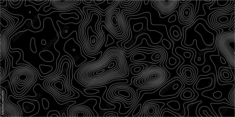 Abstract white on black background with Topographic line map pattern ...