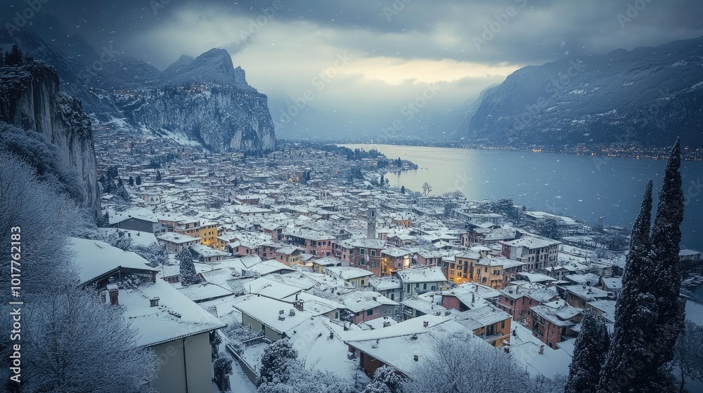 Riva del Garda in wintertime, with a light snow covering the town and ...