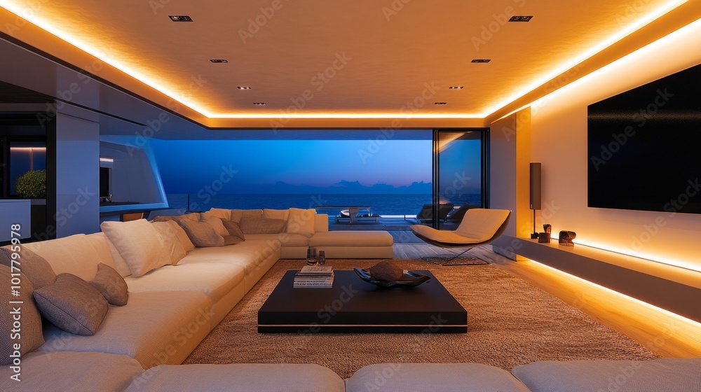 Hidden LED strip lighting in a recessed ceiling design, creating an ...