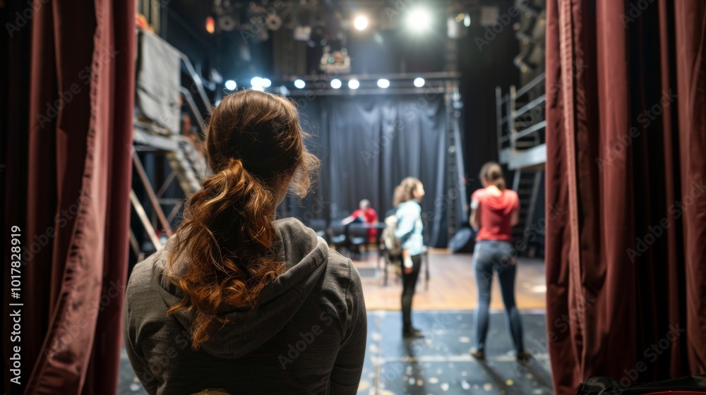 Behind the Curtain Captivating Image of Students Rehearsing a Play on ...