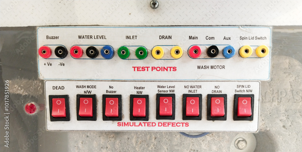row of Red power switches in on off position with Rca connector with ...