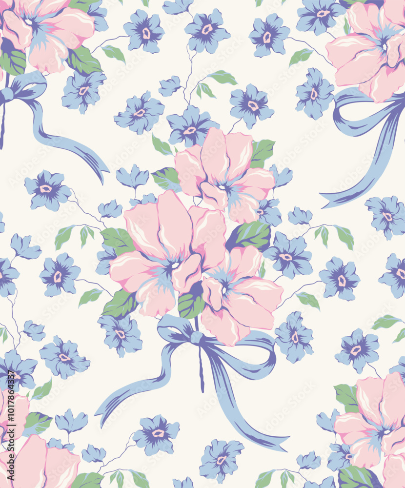 Vector coquette flowers pattern.Colorful seamless grandmillennial ...
