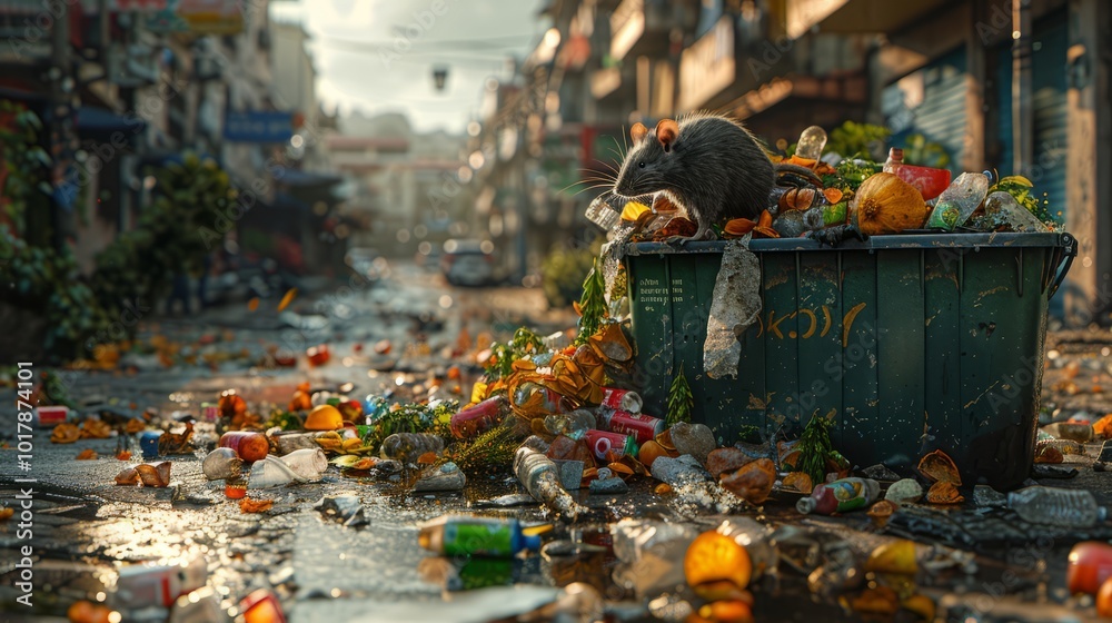 An overflowing garbage can spills waste across a dusty street, with a ...