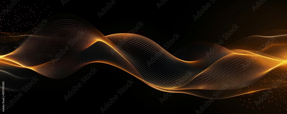 Abstract glowing golden wave lines on black horizontal background ...