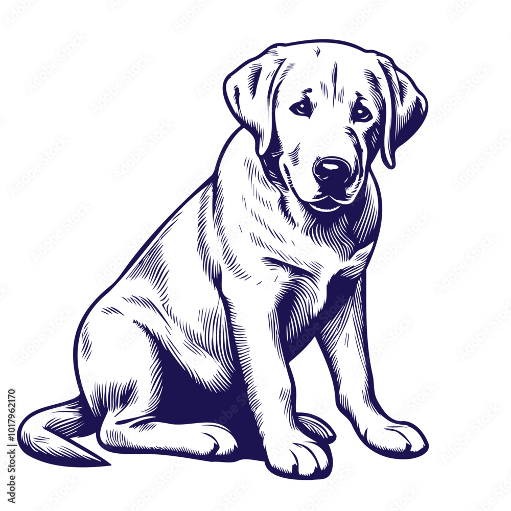 Labrador Retriever sitting pose silhouette vector outlines on white ...