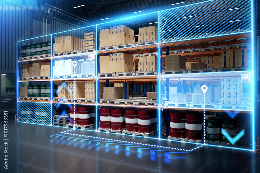 Interior of modern warehouse. High-tech storage center. Barrels and ...