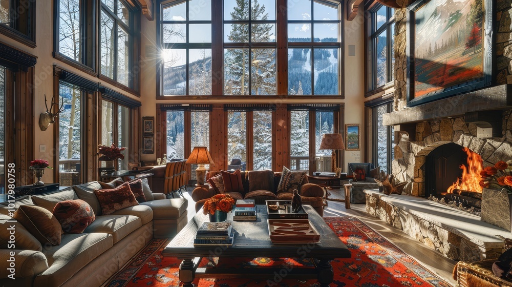 Elegant living room in Vail ski resort home featuring a stone fireplace ...