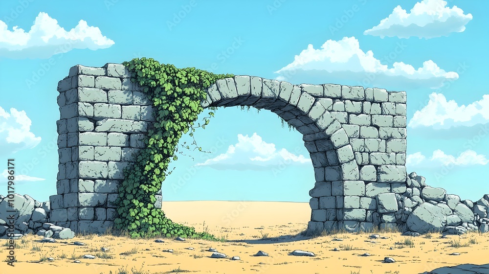 Crumbling Aqueduct Arch with Creeping Vine in Ancient Ruin Landscape ...