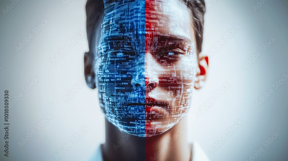 A digital half-human face with binary code overlaying, representing ...