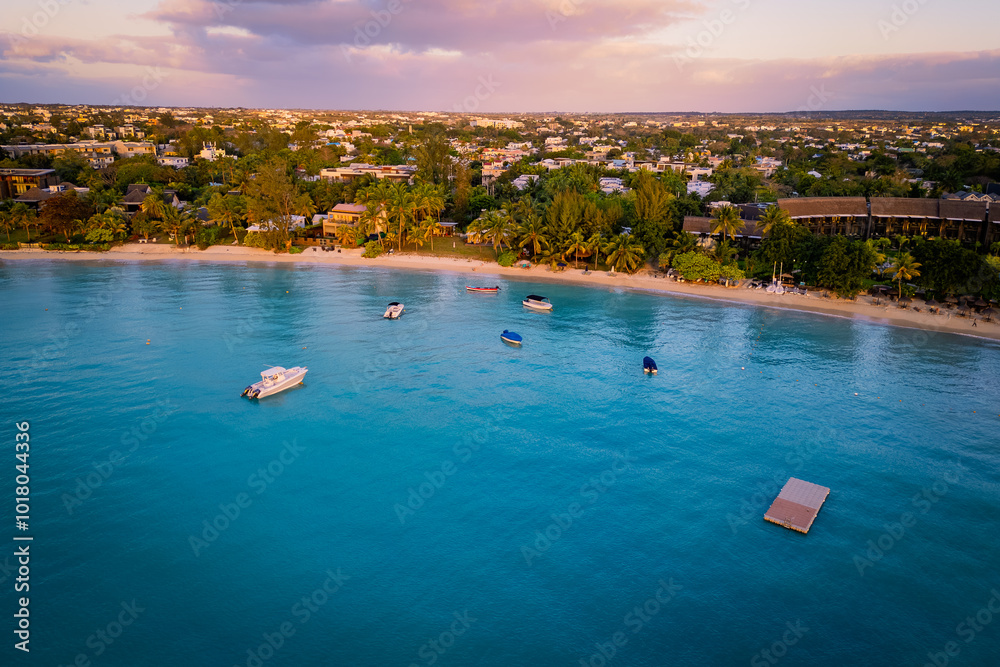 Beautiful drone view of the greater Grand Baie area on Mauritius, with ...
