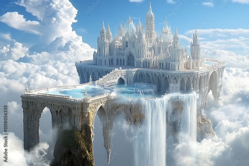 Fantasy Sky Castle Illustration - White Structure with Water Feature Stock Illustration | Adobe ...