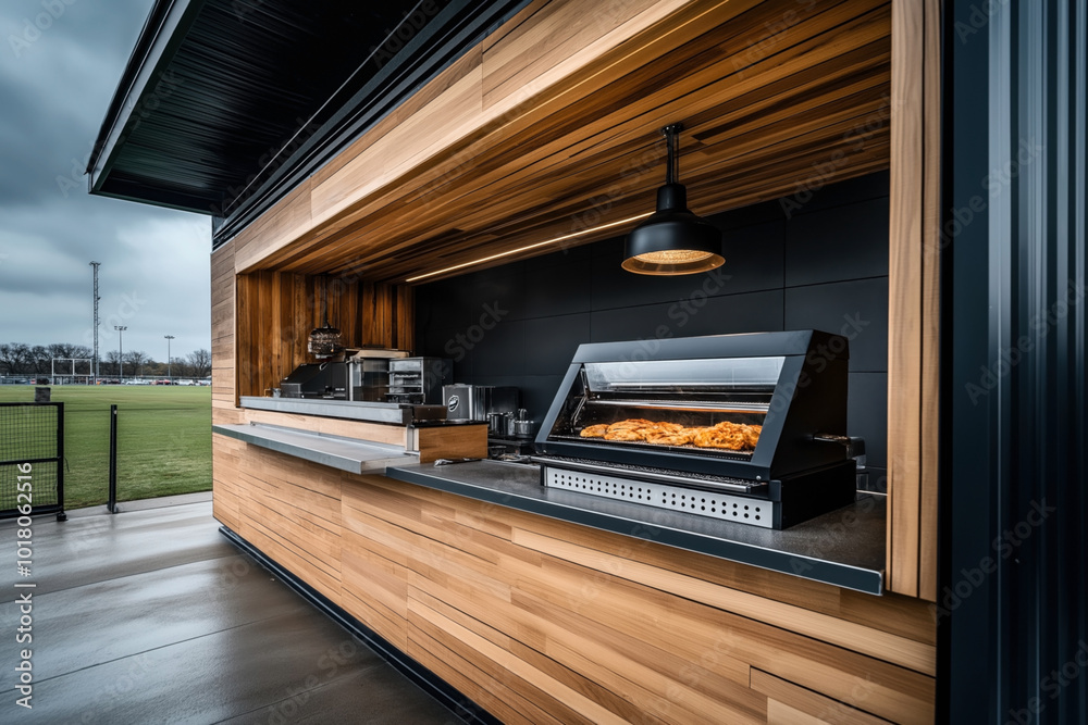 Modern outdoor concession stand with a sleek design featuring a wood ...