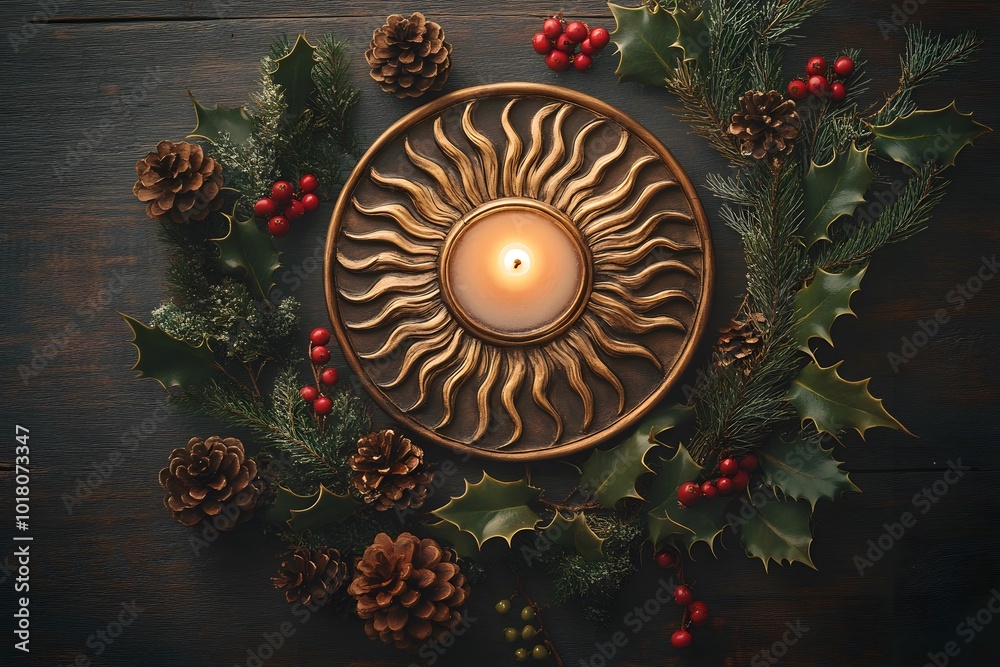 Top view of a winter solstice-themed arrangement with sun and moon ...