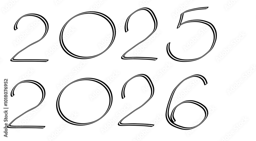2025 and 2026 new year numbers. Hand drawn numbers with marker or pen ...