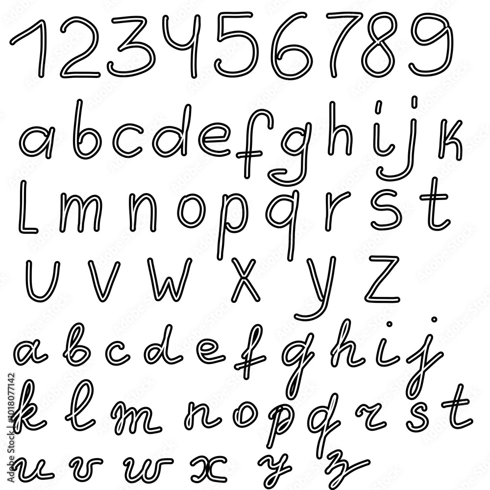 Hand drawn numbers and alphabet with marker or pen. Double outline font ...