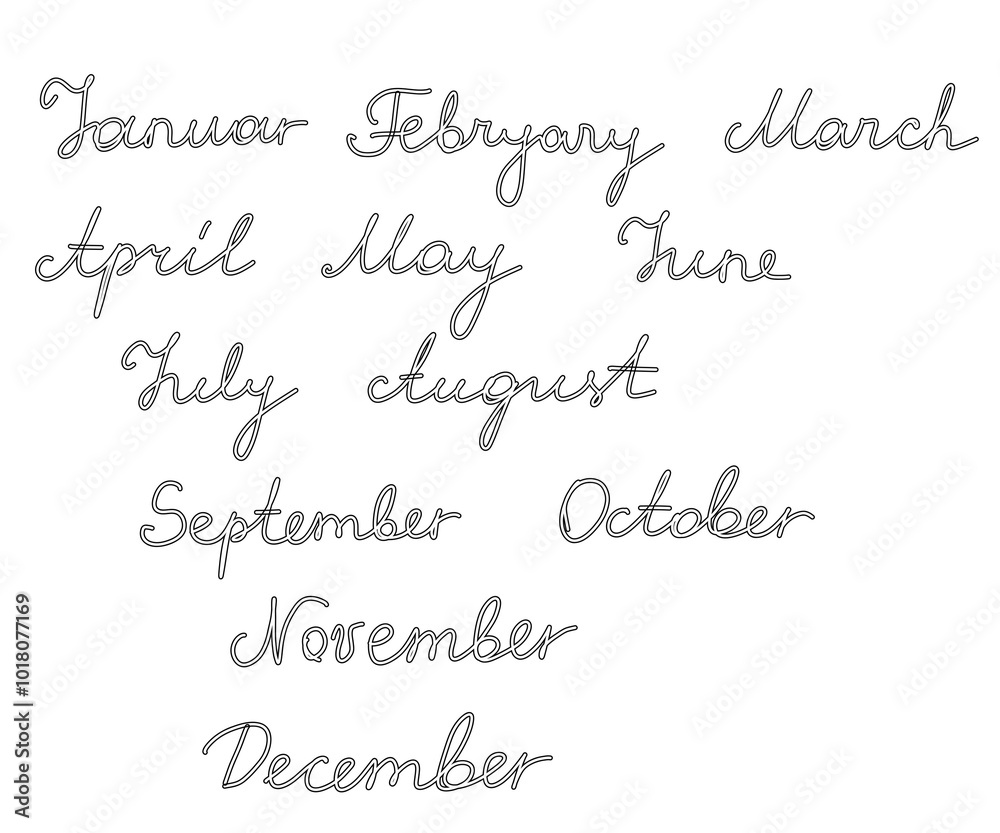 Hand drawn names of the month with marker or pen. Double outline font ...