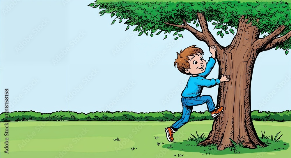 Hand drawing clipart of a boy climbing tree in yard on plain white ...
