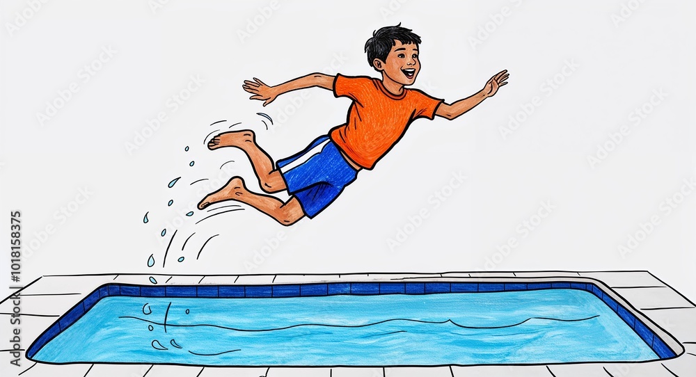 Hand drawing clipart of a boy jumping into swimming pool on plain white ...