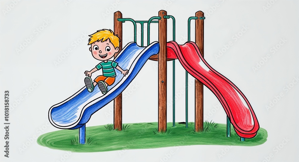 Hand drawing clipart of a boy sliding down playground slide on plain ...