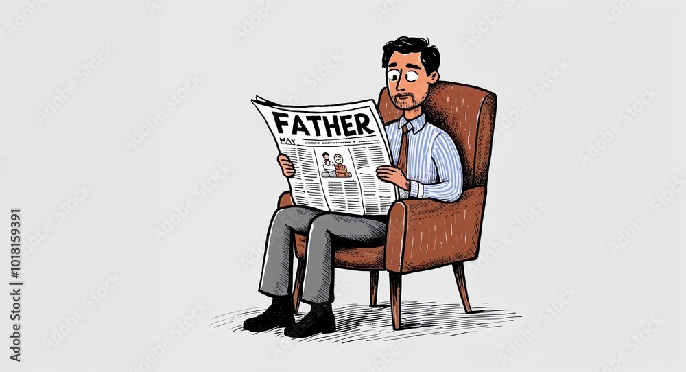 Hand drawing clipart of a father reading newspaper in chair on plain ...