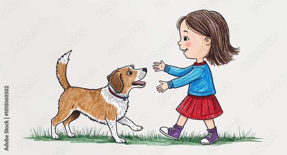 Hand drawing clipart of a girl playing with her dog on plain white ...