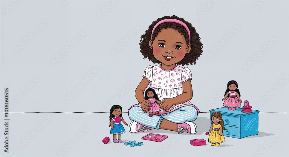 Hand drawing clipart of a girl playing with dolls in room on plain ...