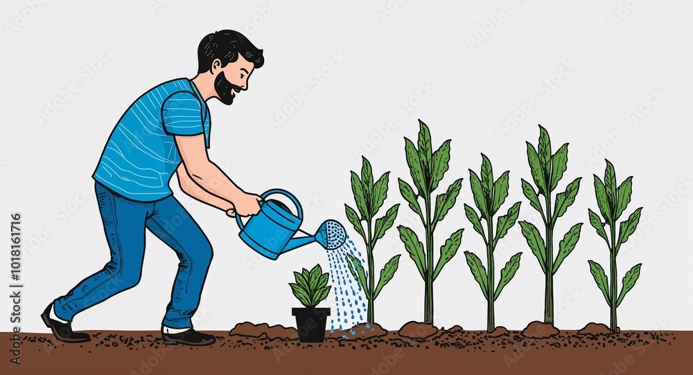 Hand drawing clipart of a man watering plants in garden on plain white ...