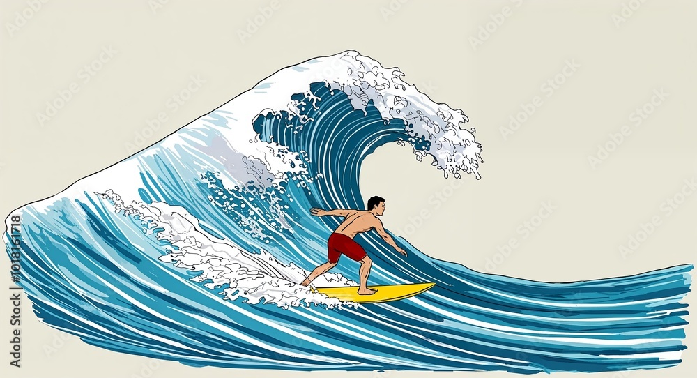 Hand drawing clipart of a man surfing on large wave on plain white ...
