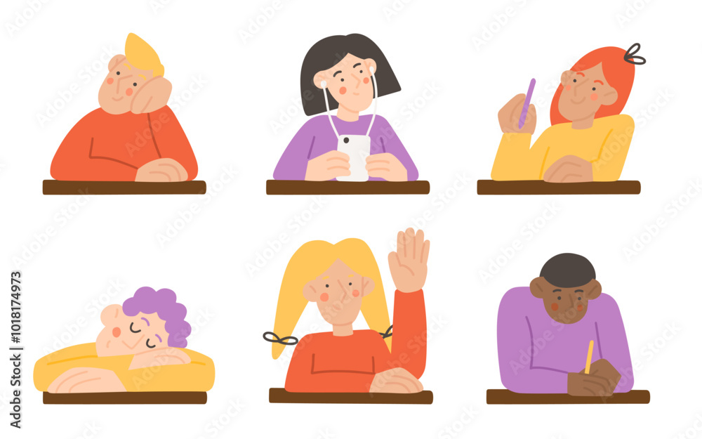 Students sit at the desks. Vector cartoon illustration of boys and ...