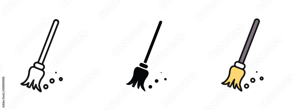 Set of three different broom icons in outline, silhoette and editable ...