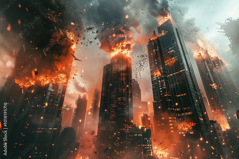 Collapsing Skyscrapers, Apocalyptic Scene, Fire Explosions in Modern ...