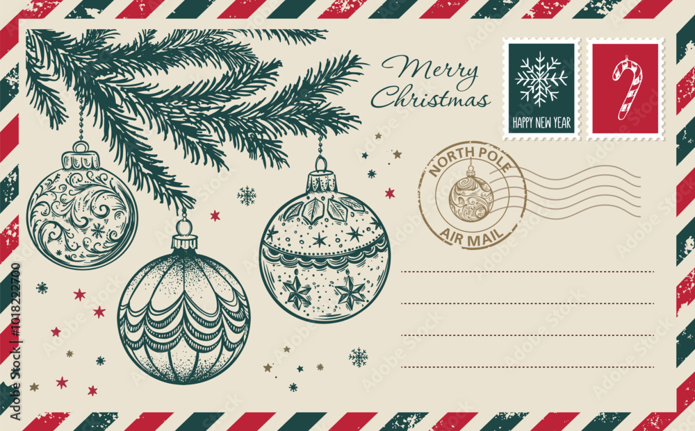 Christmas mail, postcard, hand drawn illustration. Stock Vector | Adobe ...