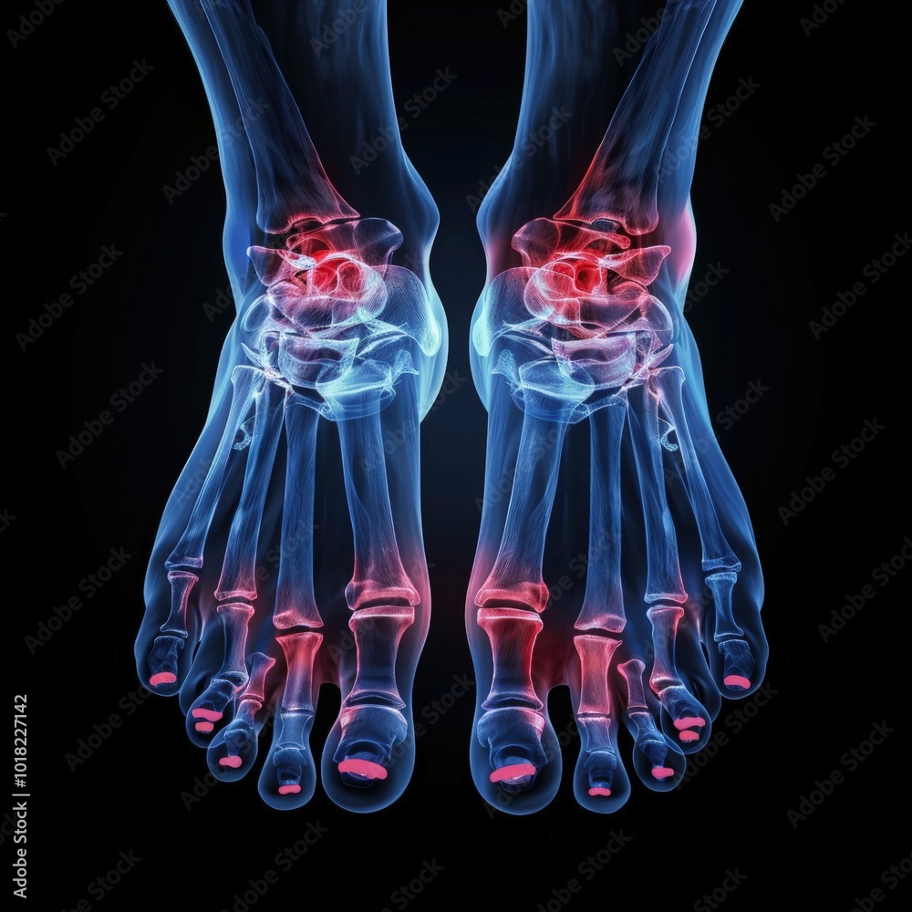 Detailed X-ray visualization of human feet showing bones, joints, and tendons in red with a dark ...