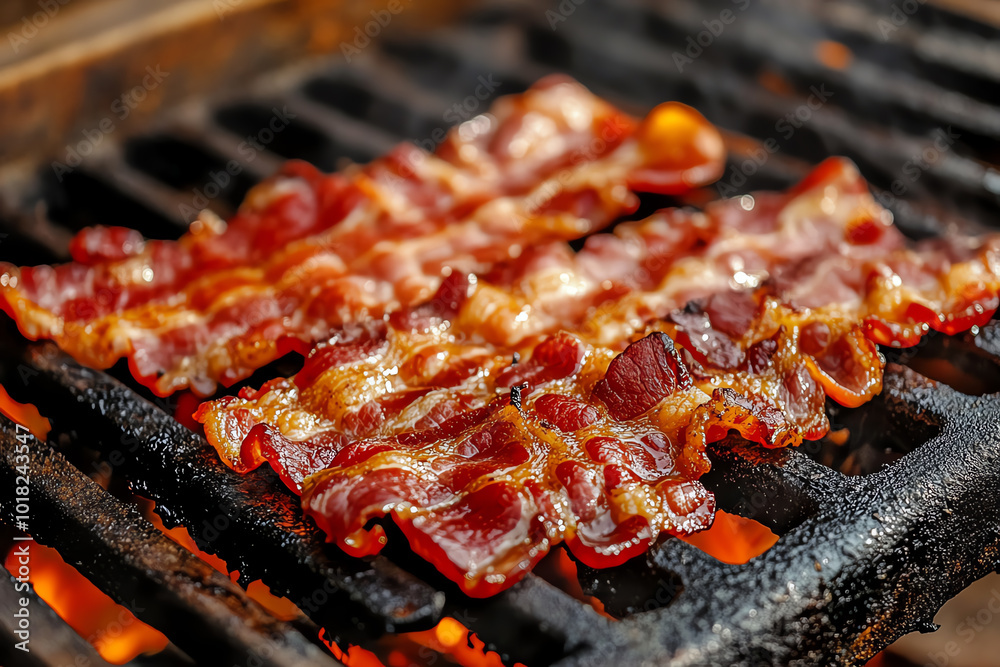 Deliciously grilled bacon strips sizzling on a barbecue grill ...