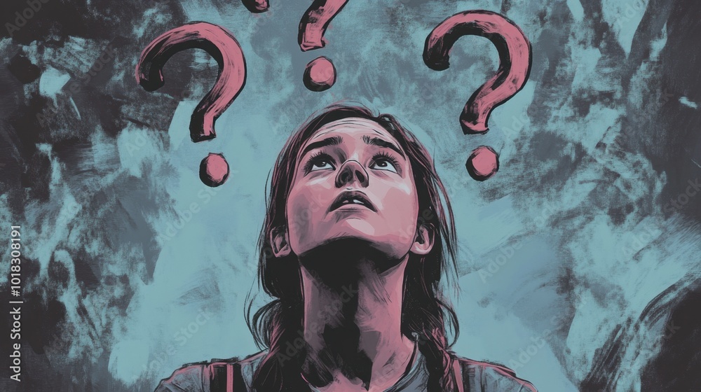 A troubled girl glances upward as a series of hand-drawn question marks ...