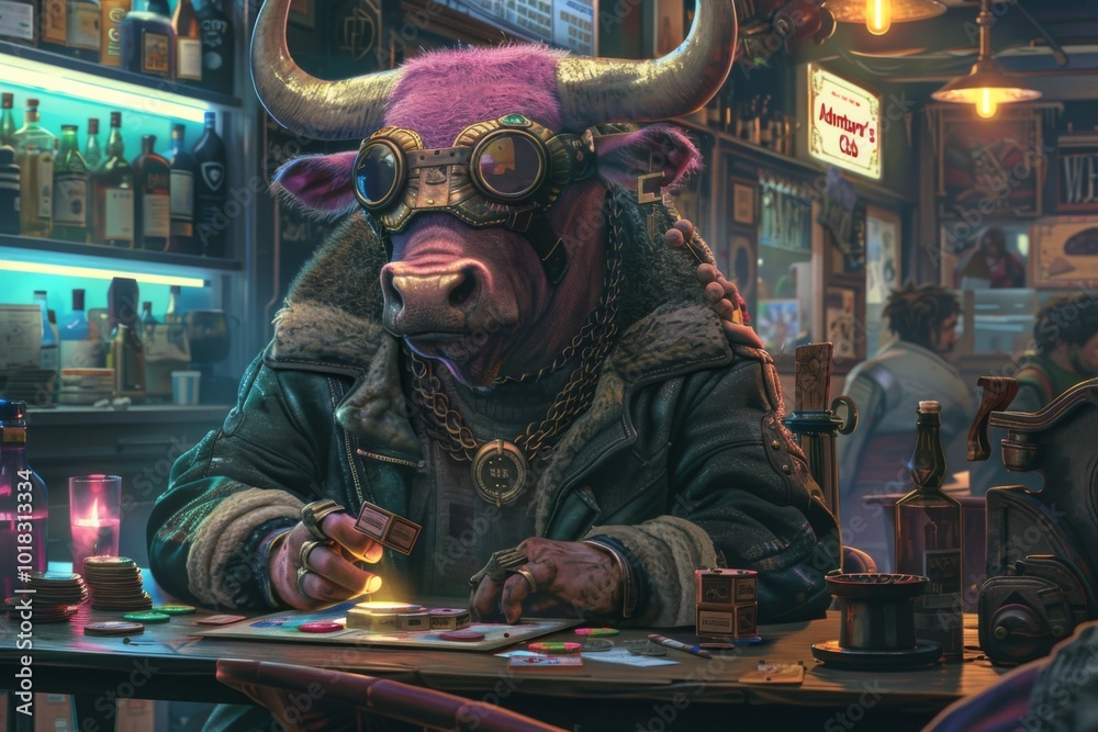Hyper-realistic bull avatar playing board games in a futuristic ...