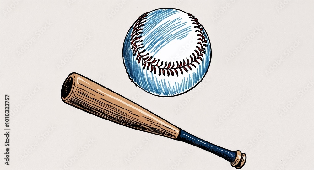 Hand drawing clipart of a baseball and bat on plain white background ...