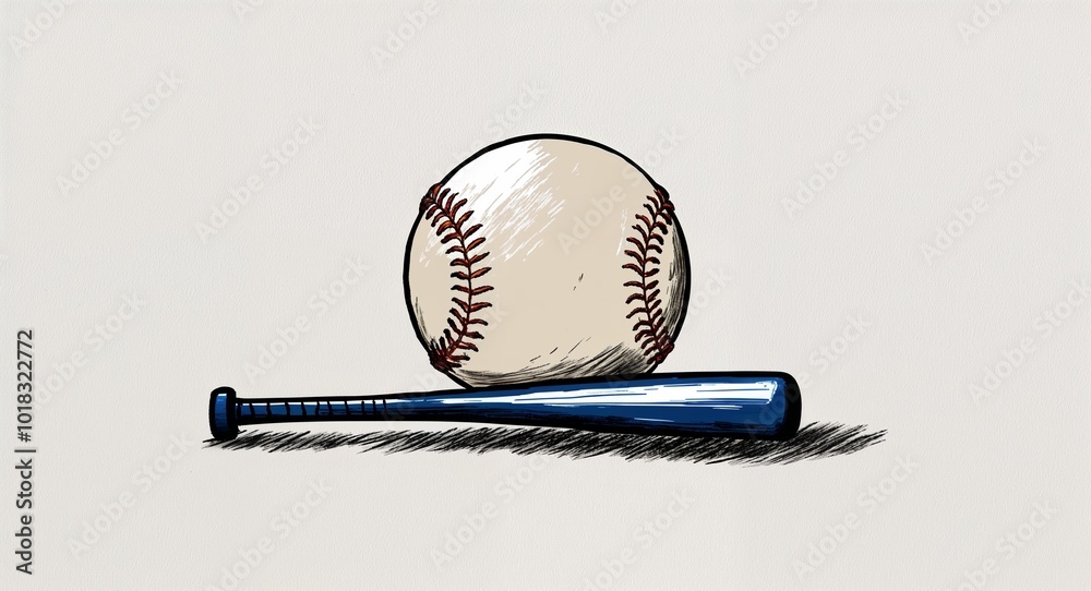 Hand drawing clipart of a baseball and bat on plain white background ...