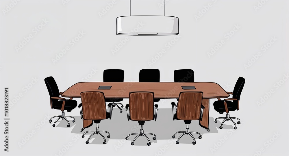 Hand drawing clipart of a boardroom table with chairs on plain white ...