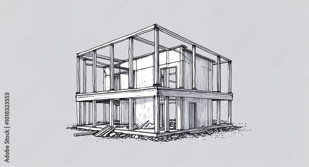 Hand drawing clipart of a building under construction on plain white ...