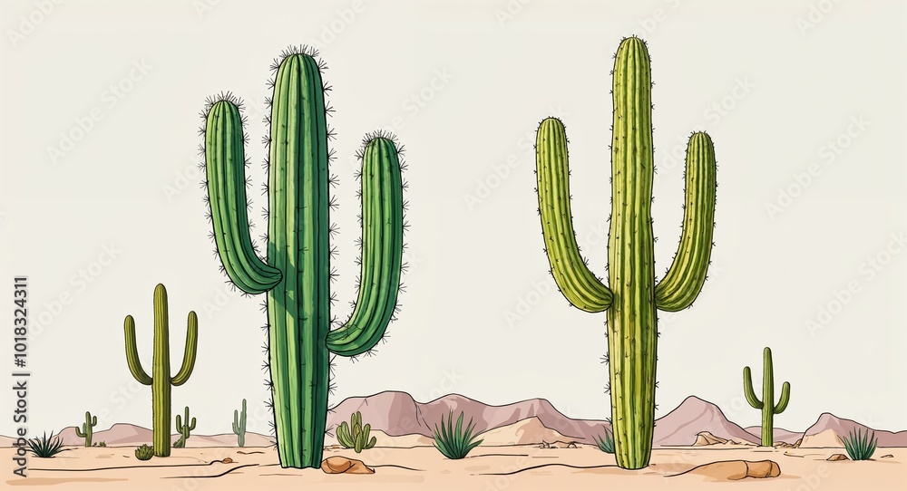Hand drawing clipart of a cactus in desert on plain white background ...