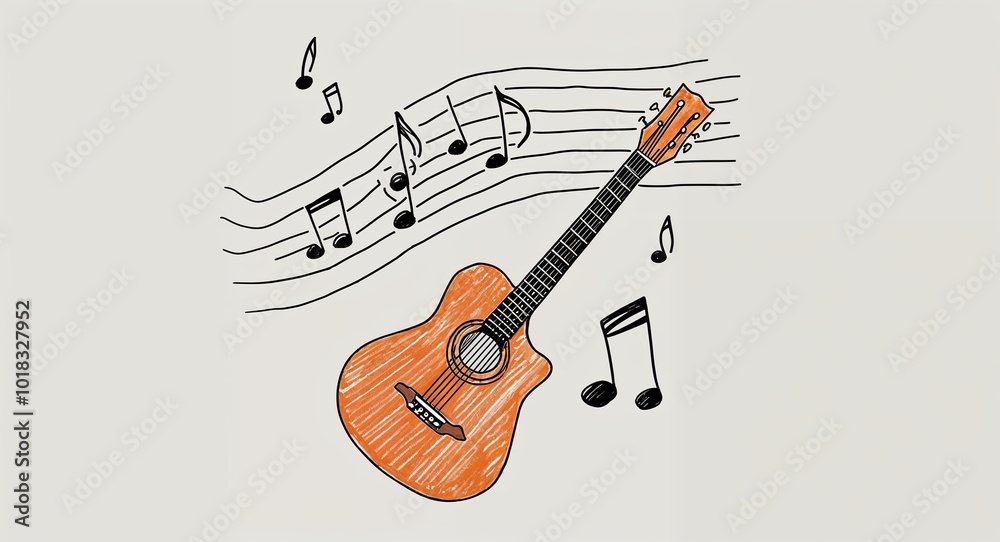 Hand drawing clipart of a guitar and music notes on plain white ...
