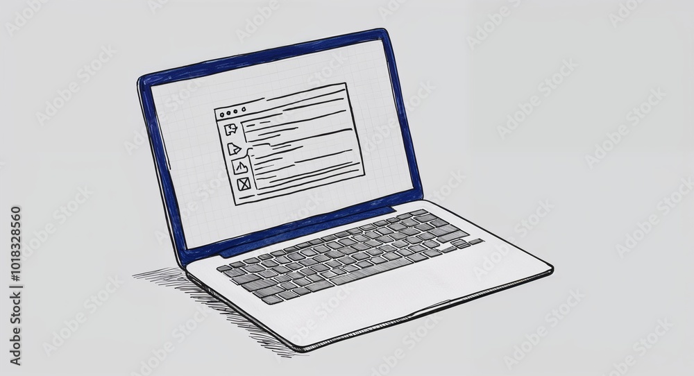 Hand drawing clipart of a laptop with coding symbols on plain white ...