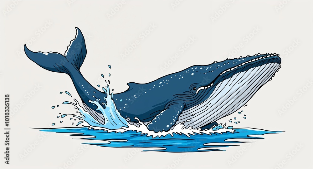 Hand drawing clipart of a whale splashing water on plain white ...
