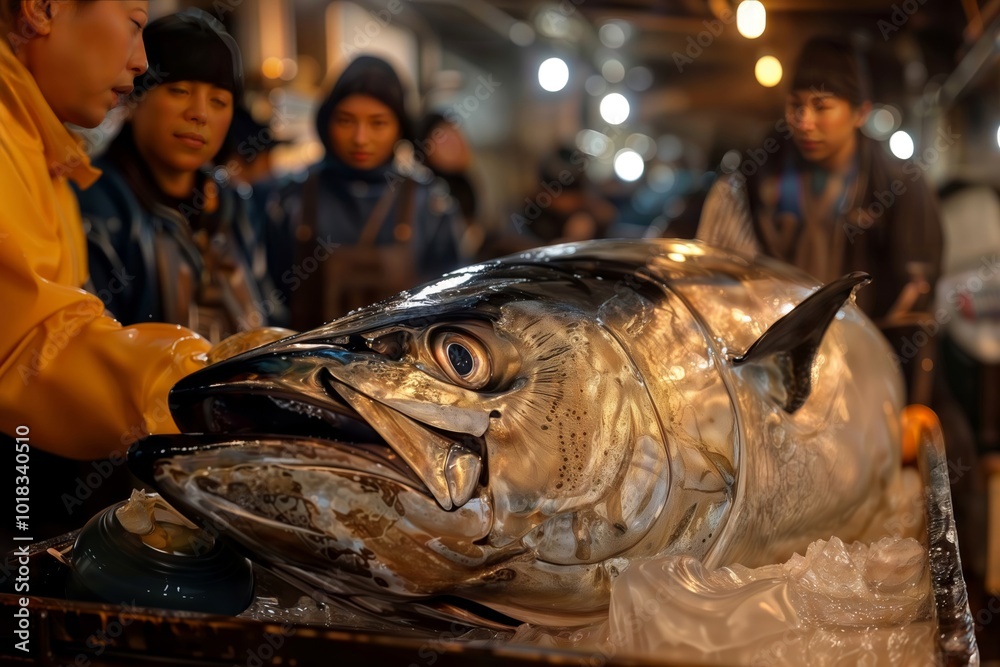 Prized Catch Inspection. Large tuna on ice draws attention at bustling ...