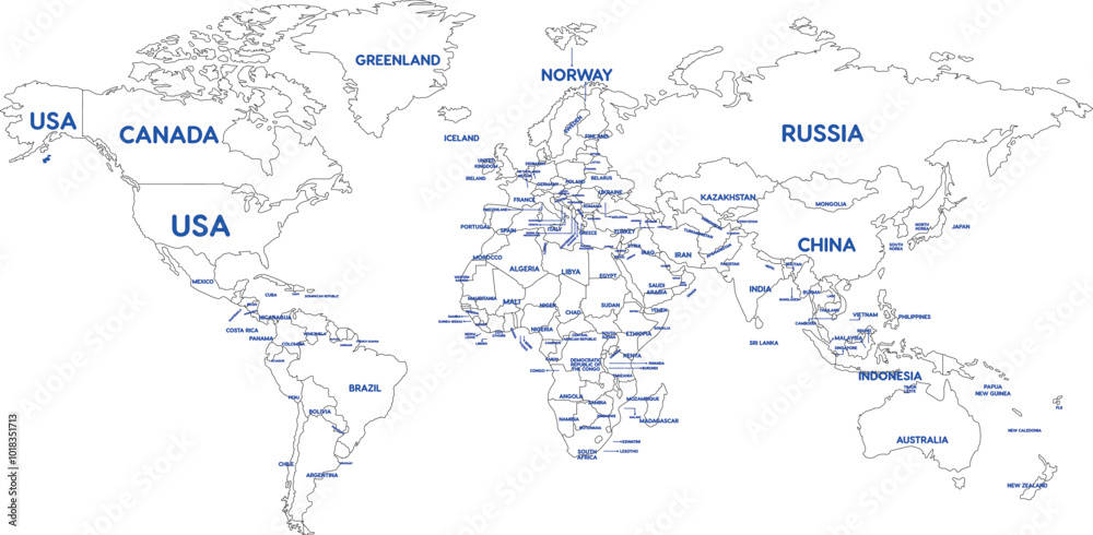 Outline World Map with Major Country Labels Stock Vector | Adobe Stock