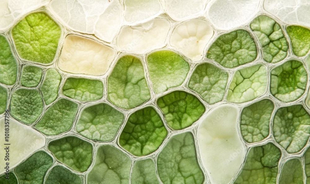 Cell structure Hydrilla, view of the leaf surface showing plant cells under the microscope for ...