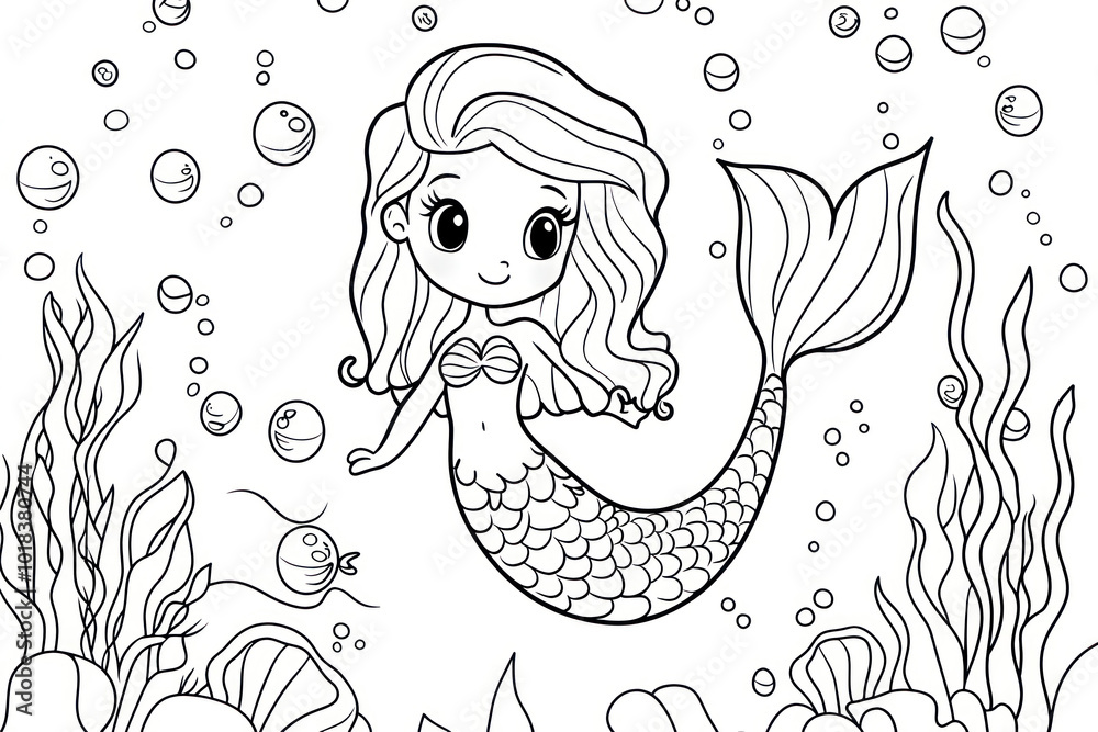 Mermaid, coloring page for kids, line art, black and white. Stock ...