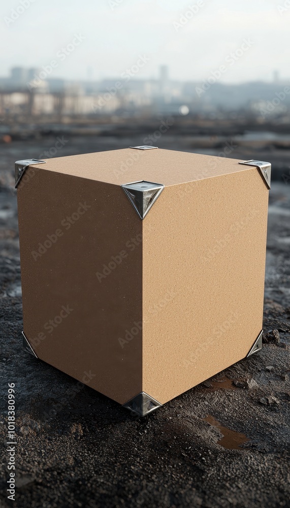 Cardboard box with metal corners on a textured surface, urban ...